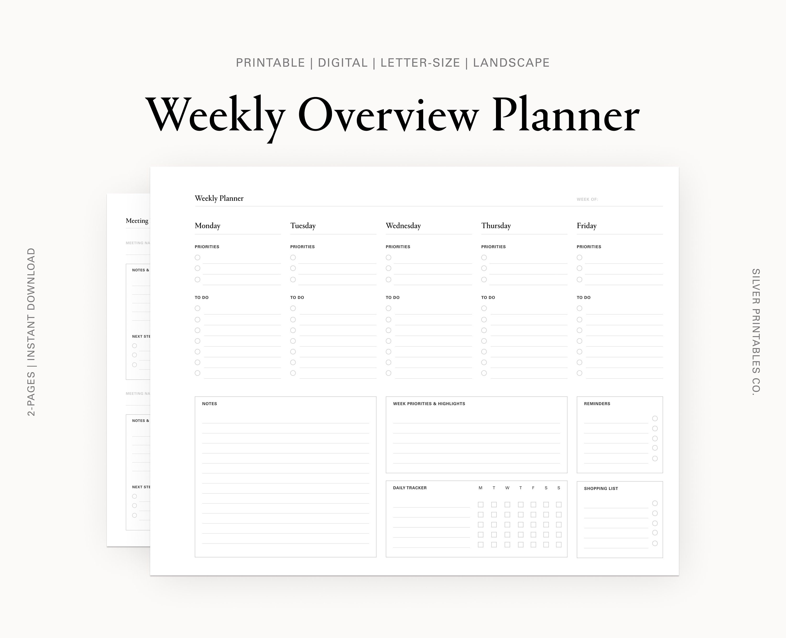 Weekly Overview Planner US Letter Printable PDF Goodnotes Work From ...