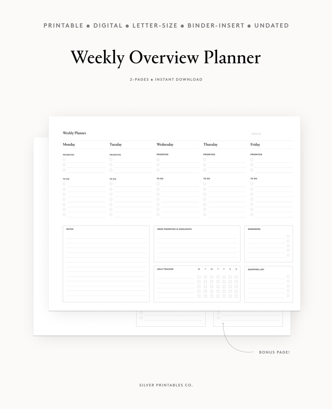 Weekly Overview Planner US Letter Size Minimalist Weekly Planner ...