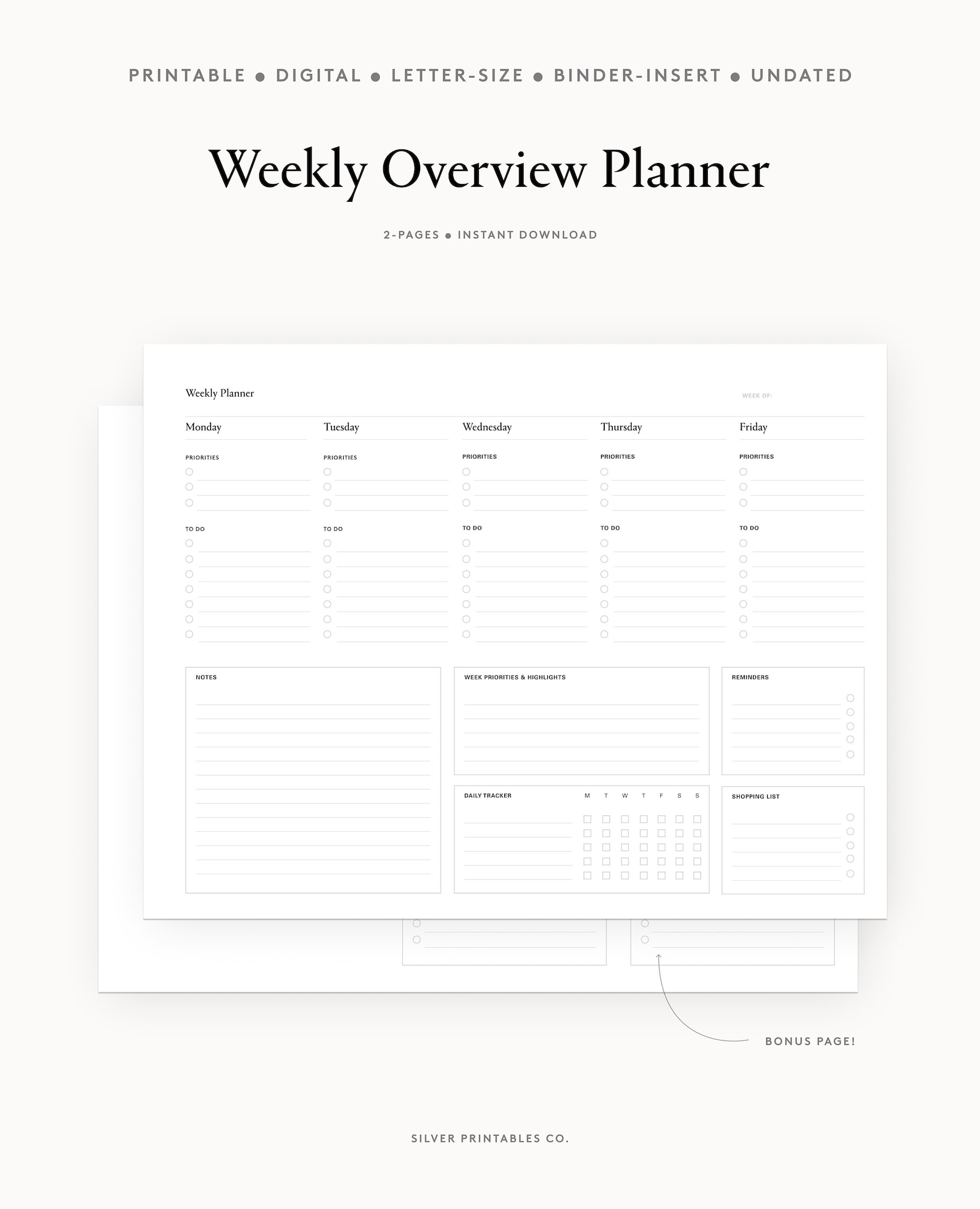 Weekly Overview Planner US Letter Size Minimalist Weekly Planner ...