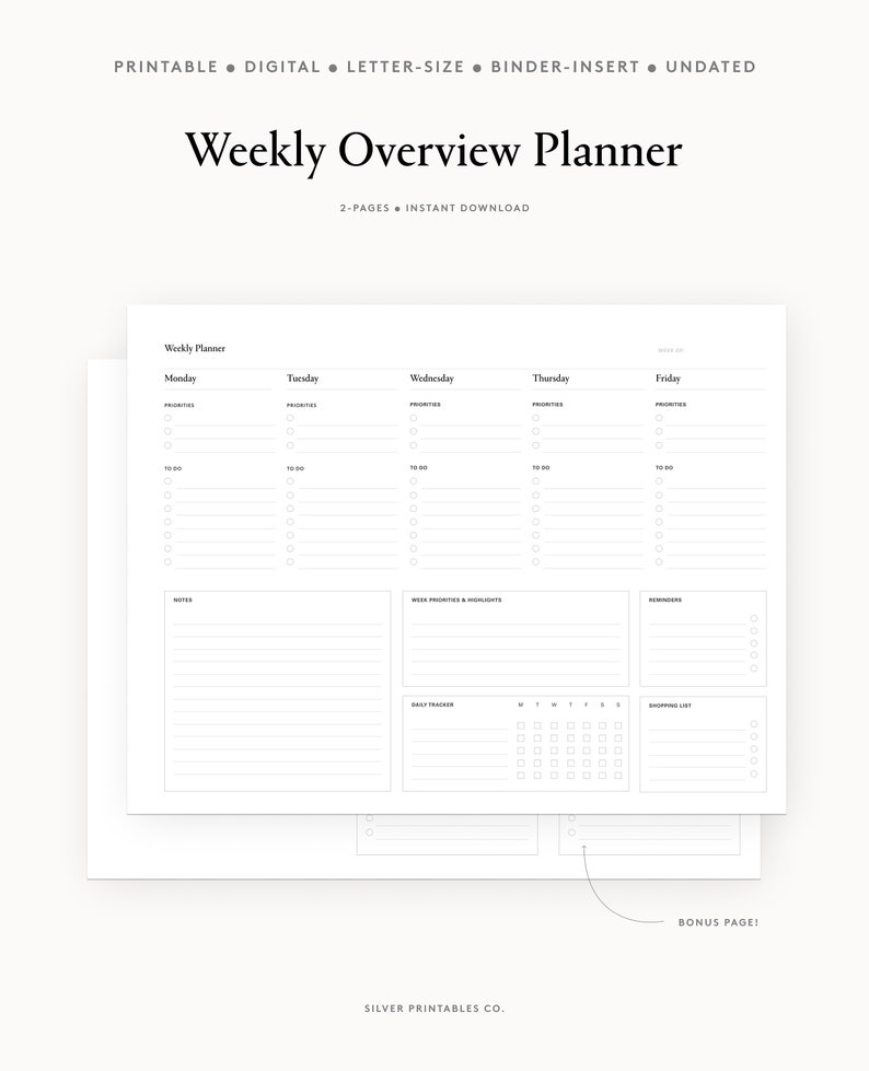 Weekly Overview Planner US Letter Size Minimalist Weekly Planner ...