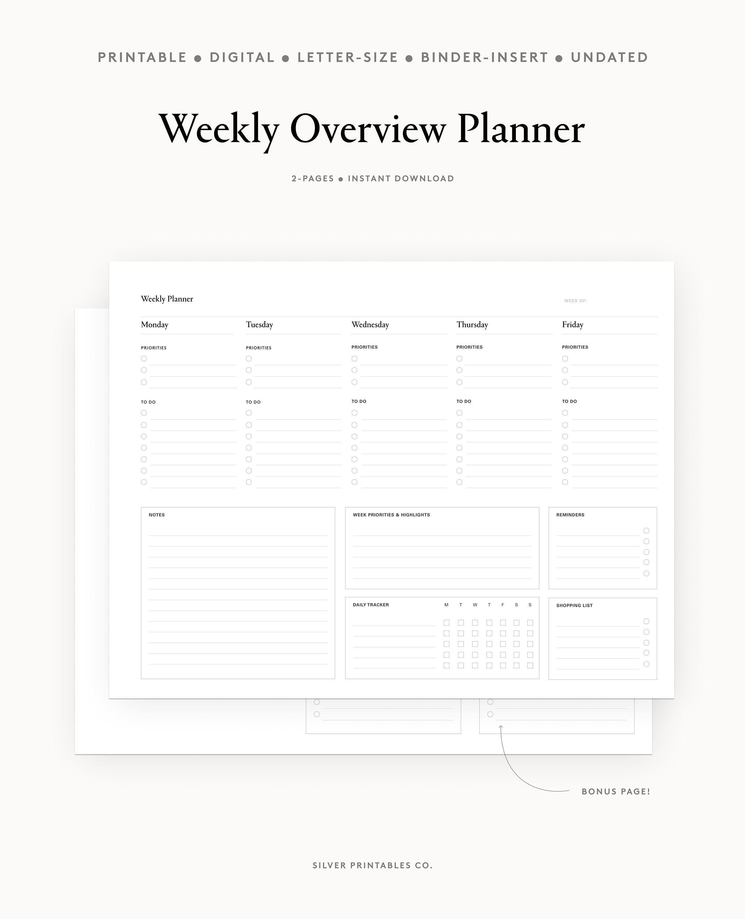 Weekly Overview Planner US Letter Size Minimalist Weekly Planner ...