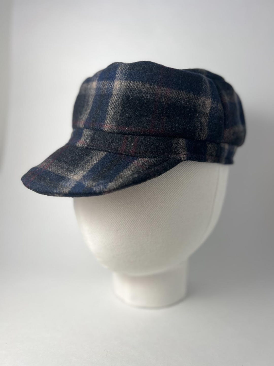 Warm Blue Plaid Wool Cadet Cap L, Flat Cap, Military Hat, Driving Cap ...