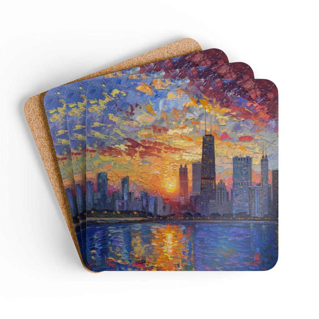 Chicago Sunset Cork Coaster Set – Impressionistic Skyline Decor - Etsy