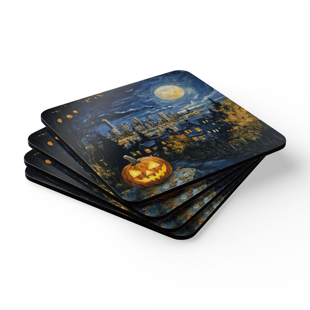Spooky Seattle Halloween Corkwood Coaster Set With Giant Jack-o-lantern ...