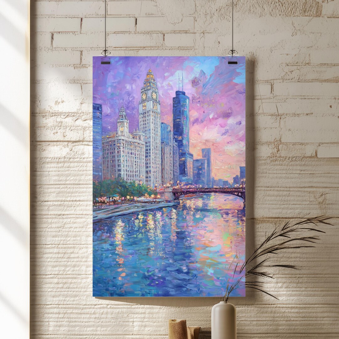 Chicago River Wall Art – Wrigley Building Impressionist City Print - Etsy