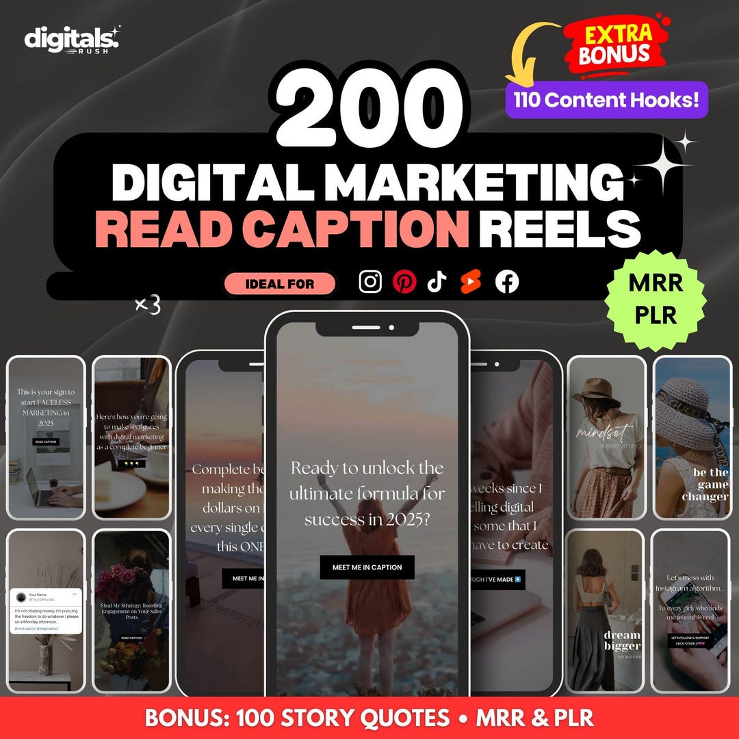 200 Digital Marketing Reels, Read Caption Hooks, Canva Templates (MRR ...