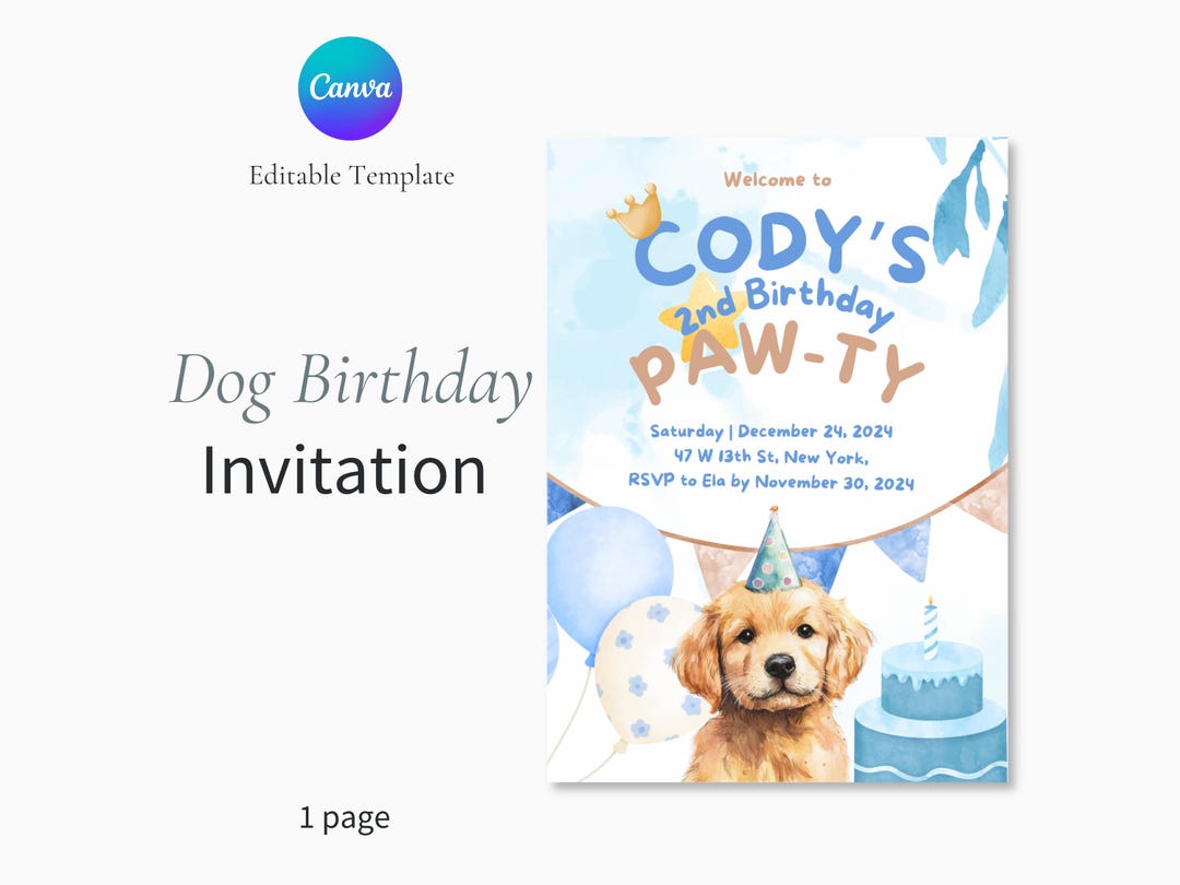 Puppy Dog Invitation Dog Party Invitation Blue Dog Invitation Cute Dog ...