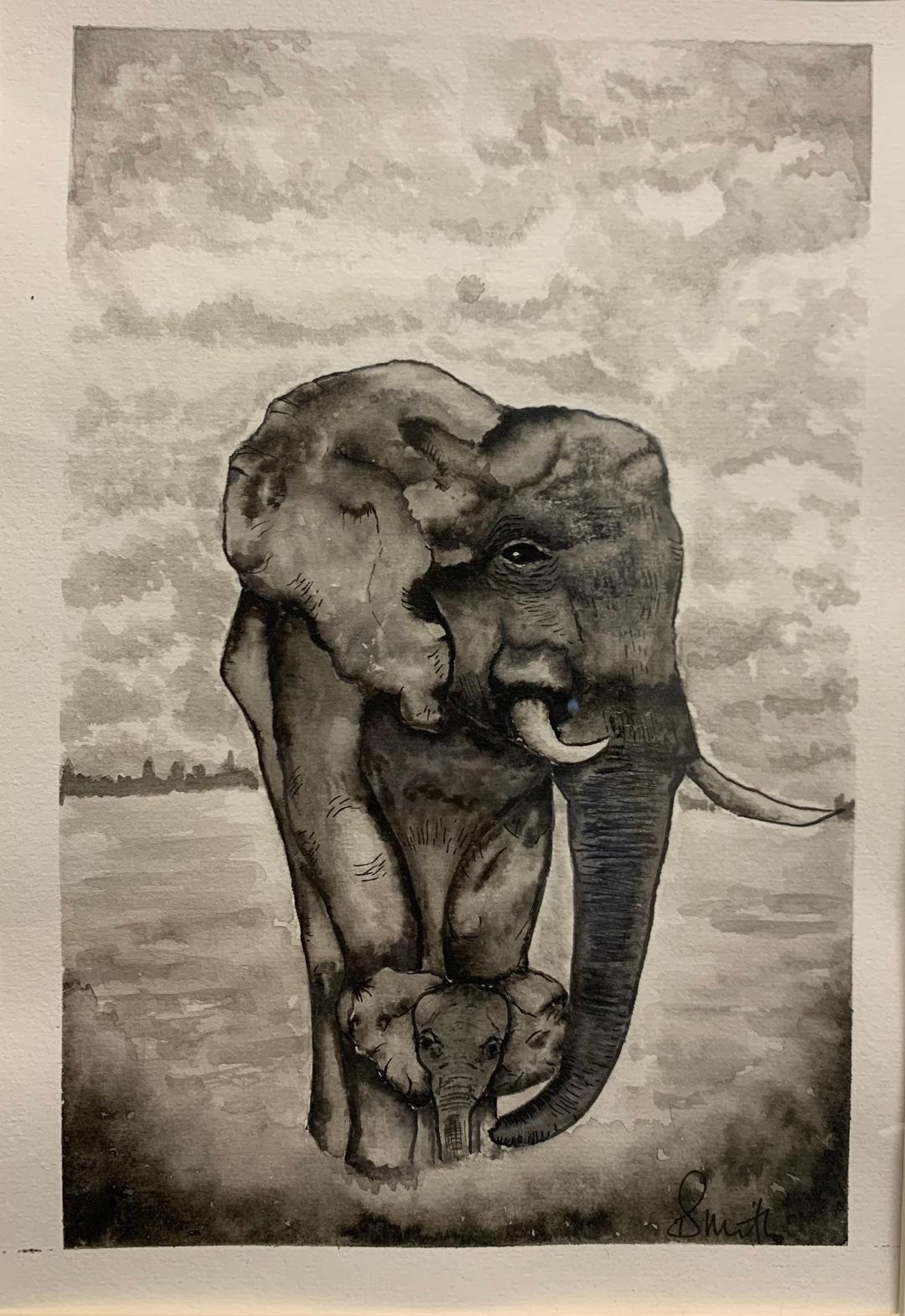 Original Artwork of Mother Elephant With Infant Created in Line and ...