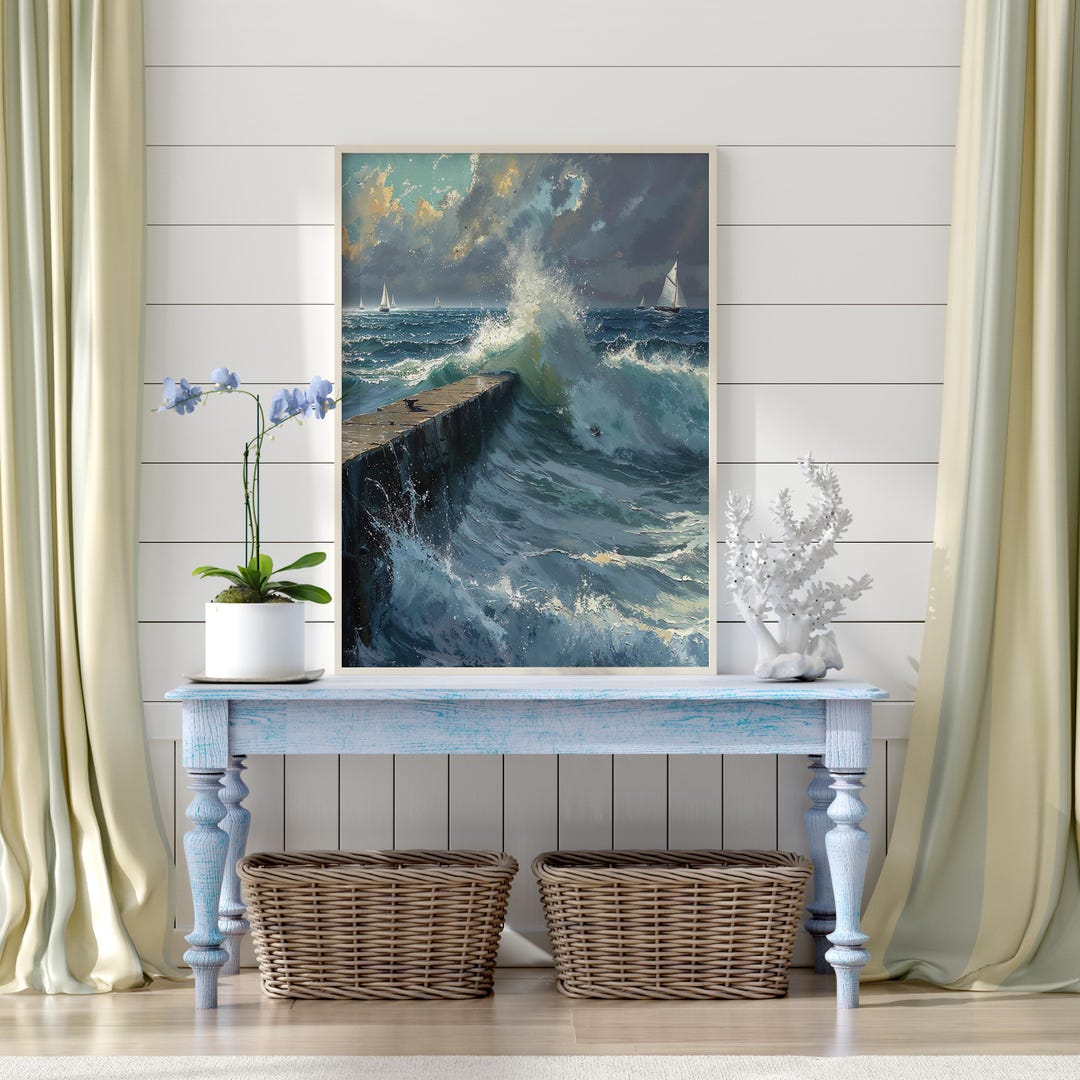 Stormy Sea Wall Art, Nautical Ocean Wave Print, Sailing Boat Coastal ...
