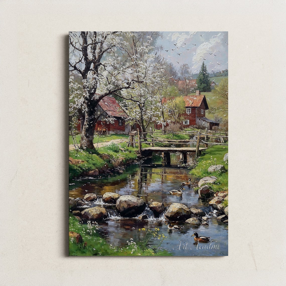 Rustic Springtime Farm With Blossoming Trees and Ducks Tranquil ...