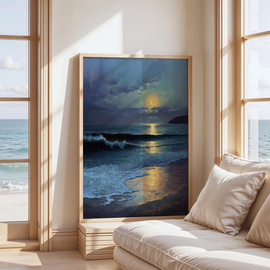Moonlit Beach Wall Art, Crescent Moon Ocean Print, Romantic Coastal ...