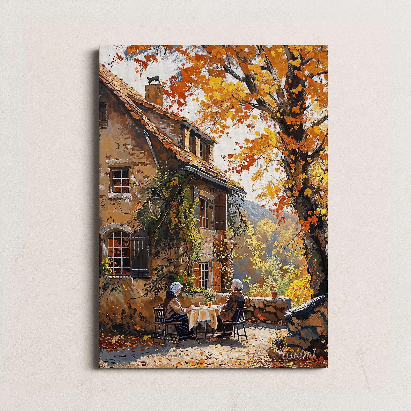 Cozy Autumn Cottage Scene With Two Women at a Garden Table ...