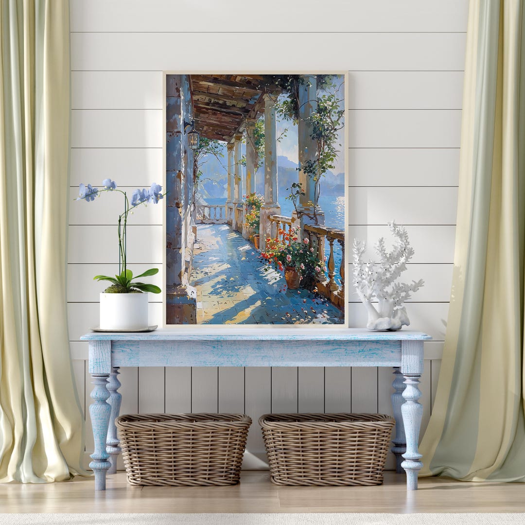 Mediterranean Veranda Wall Art, Italian Balcony Digital Print, Coastal ...