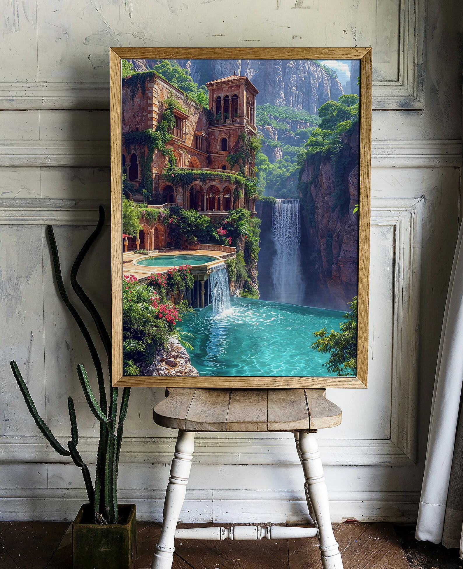 Majestic Waterfall Mansion Digital Art Print | Enchanting Landscape ...
