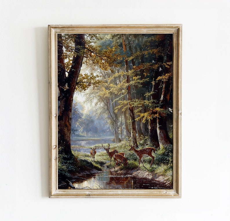 Forest Deer by Stream Digital Art Print | Tranquil Nature Scene ...