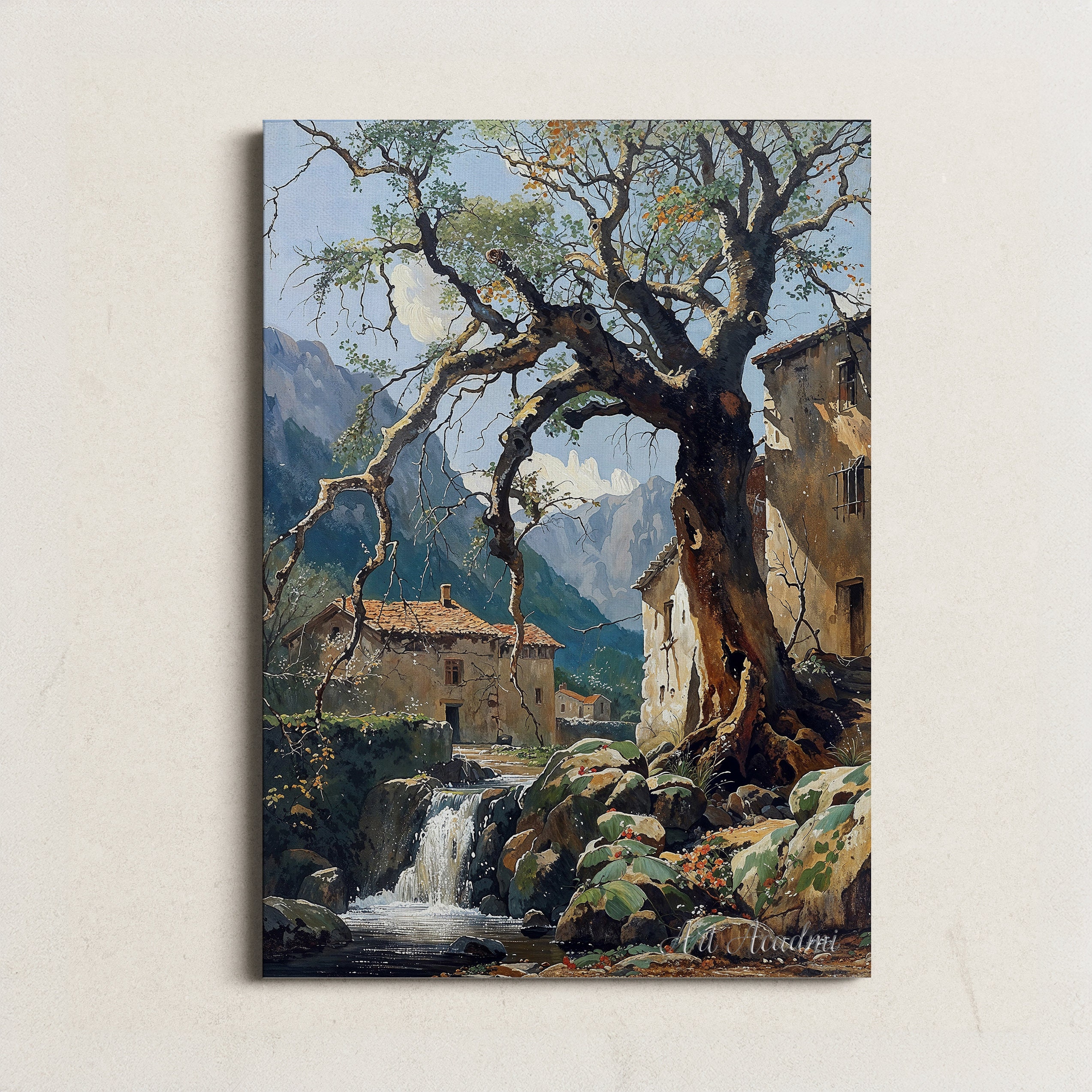 Majestic Old Tree by Waterfall Rustic Village Printable Art for Home ...