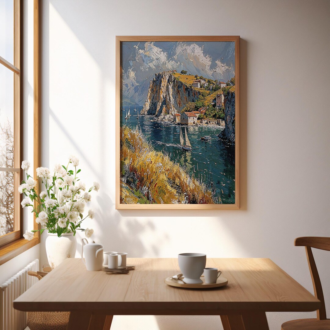 Coastal Cliff Village Wall Art, Italian Seaside Landscape Print ...