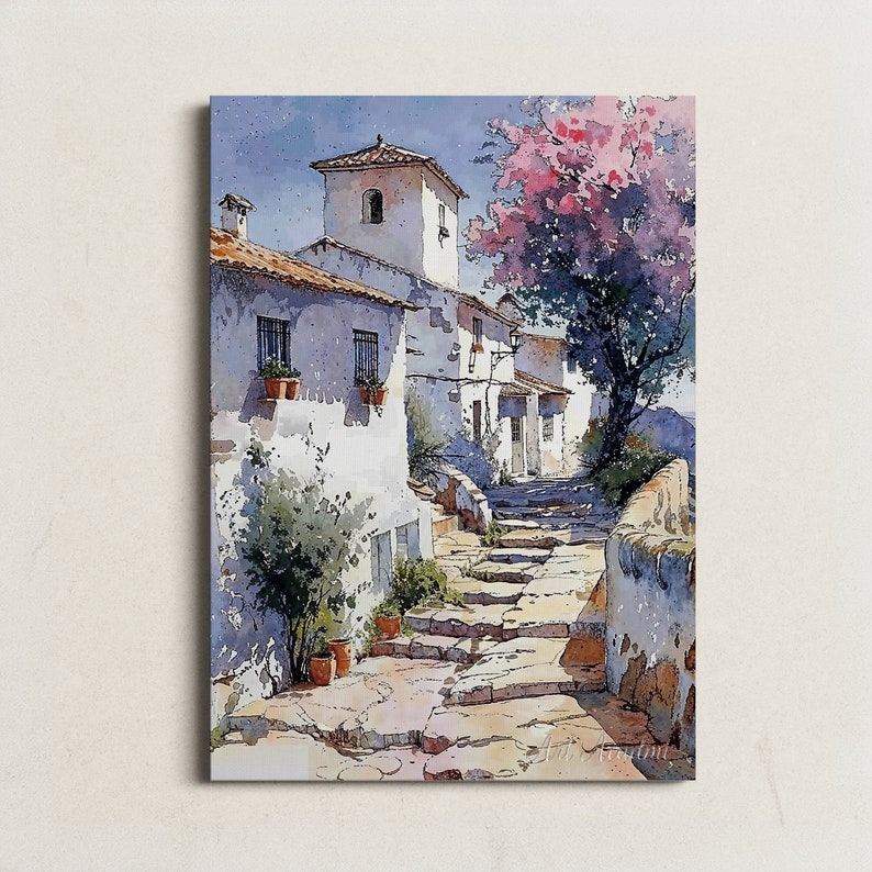 Charming Mediterranean Village Scene - Serene Steps and Blossoms ...