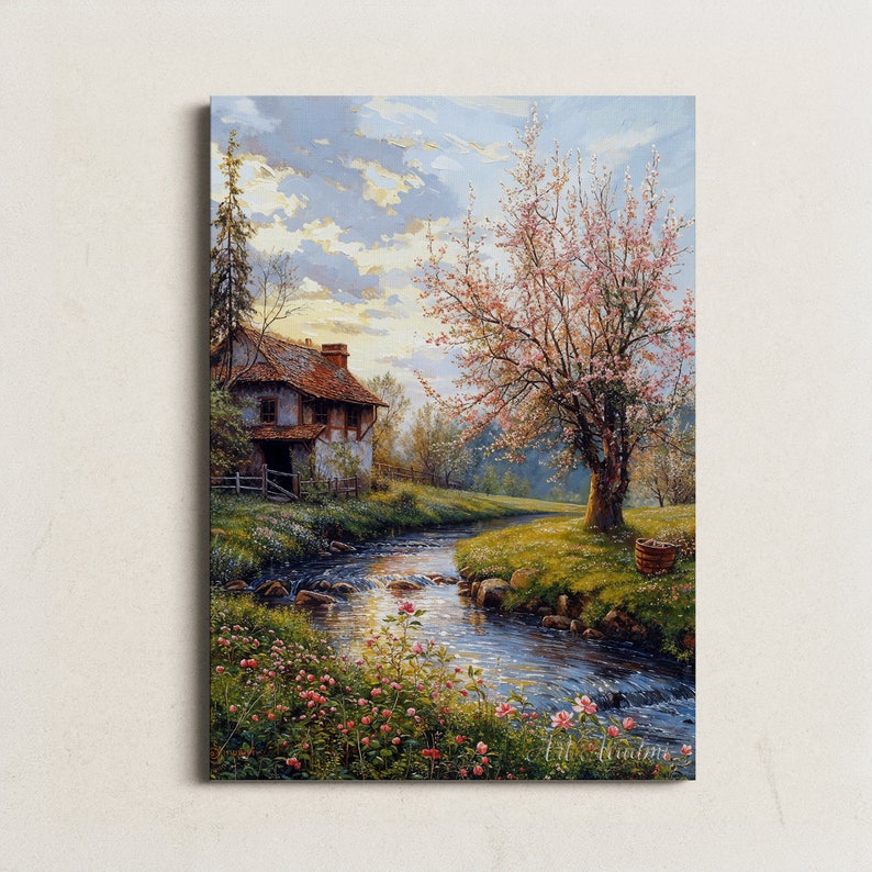 Blossoming Spring Cottage by the Stream - Tranquil Landscape Printable ...