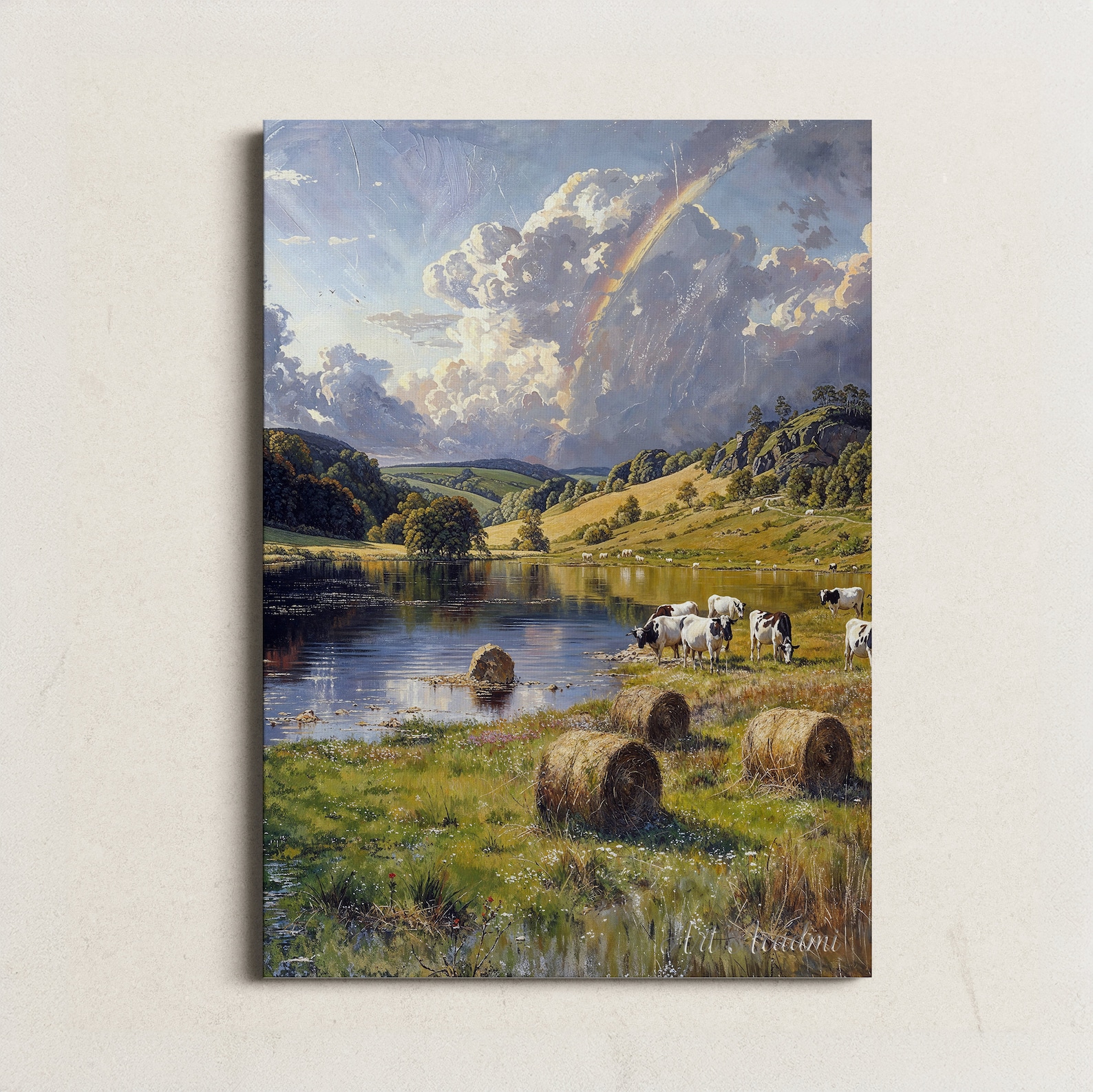 Pastoral Landscape With Cows and Hay Bales Countryside Printable Art ...