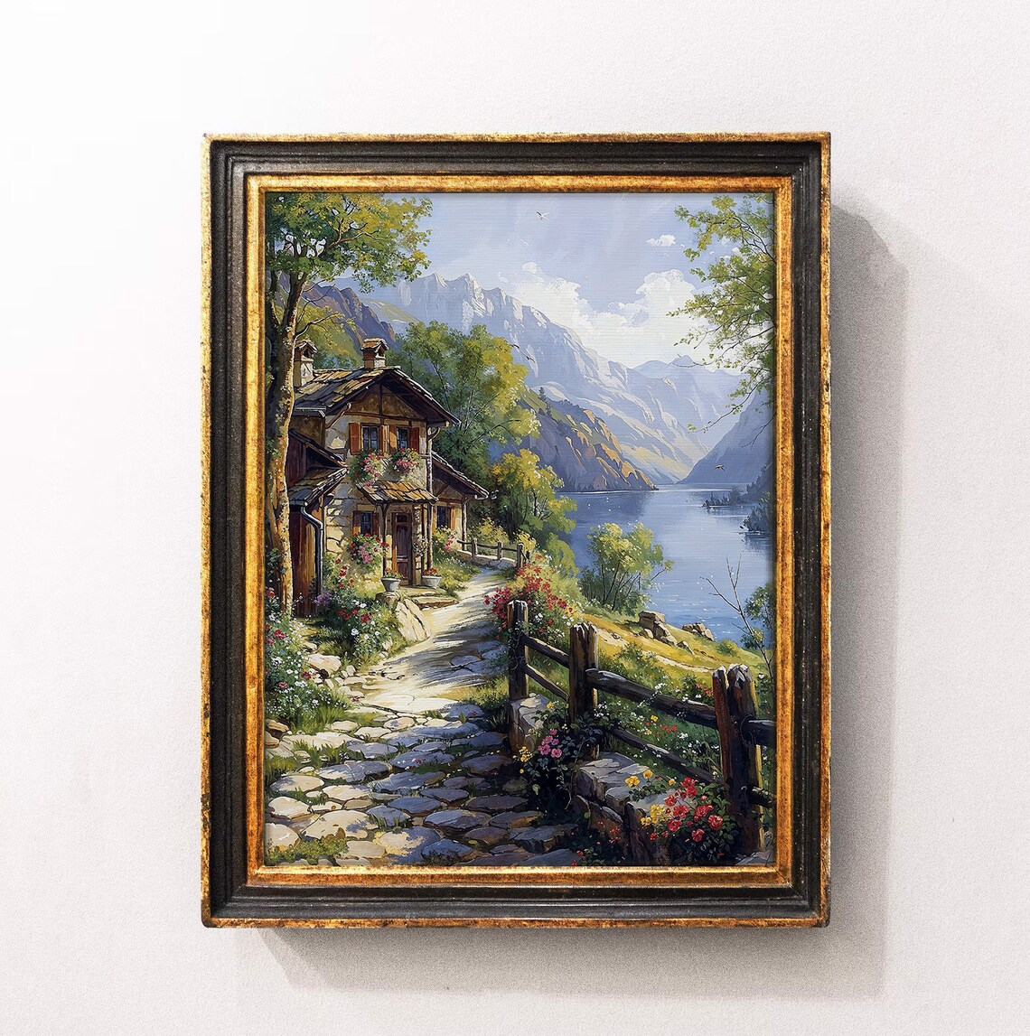 Serene Cottage Pathway by the Lake With Mountain View - Digital Art ...