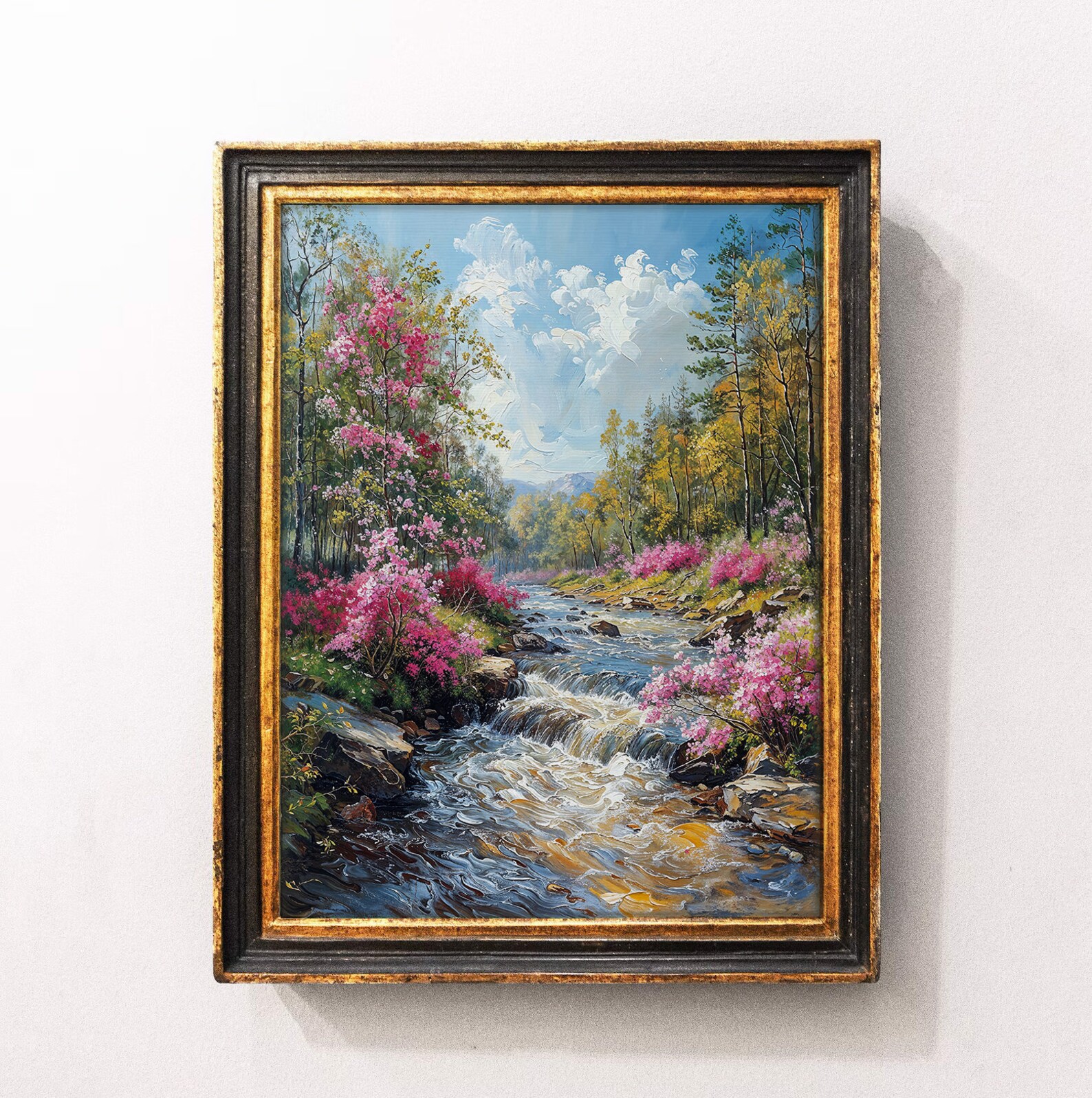 Lively Spring Stream With Blooming Flowers and Forest Scenery - Vibrant ...
