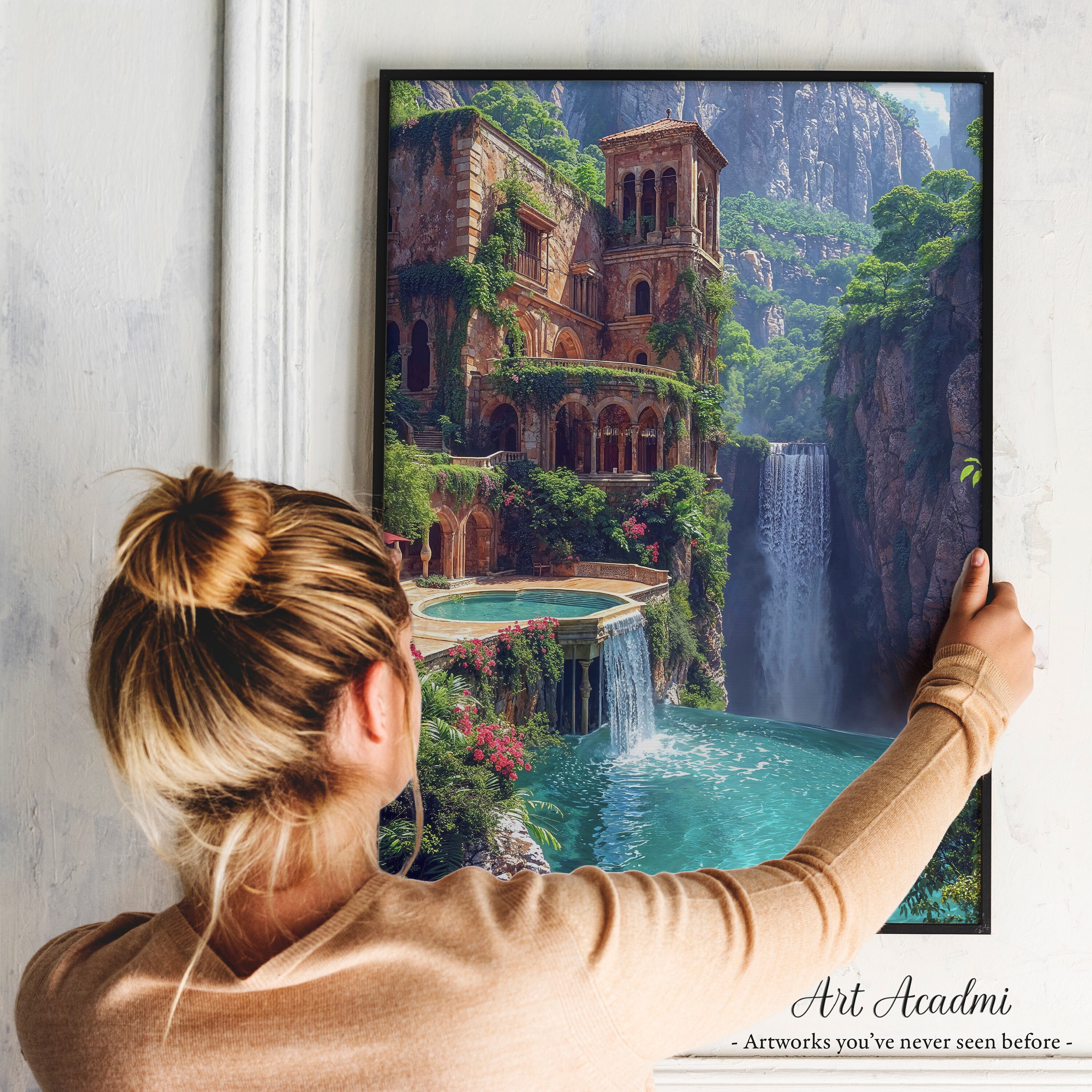 Majestic Waterfall Mansion Digital Art Print Enchanting Landscape Scene ...