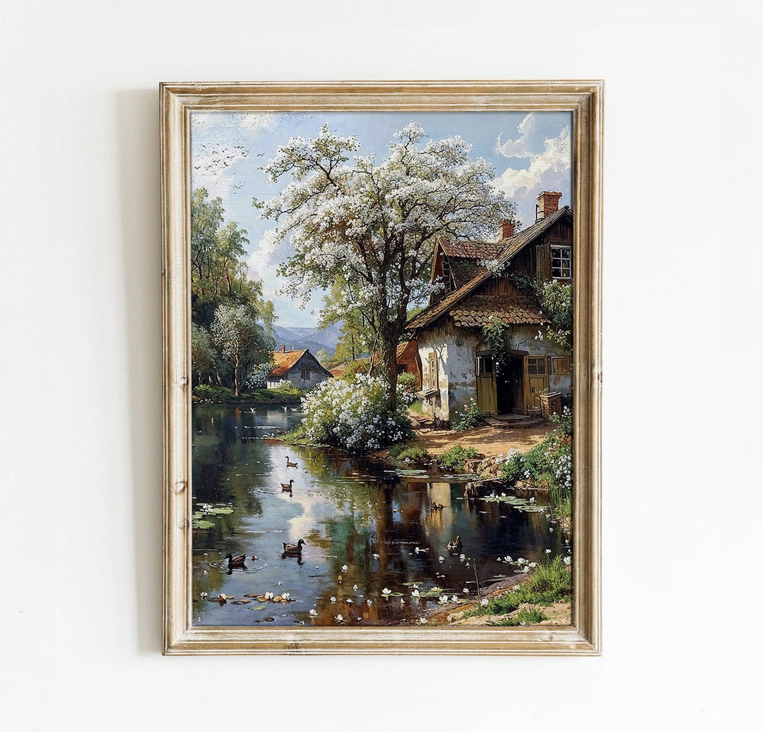 Tranquil Springtime Cottage by the Pond - Digital Art Print | Art ...