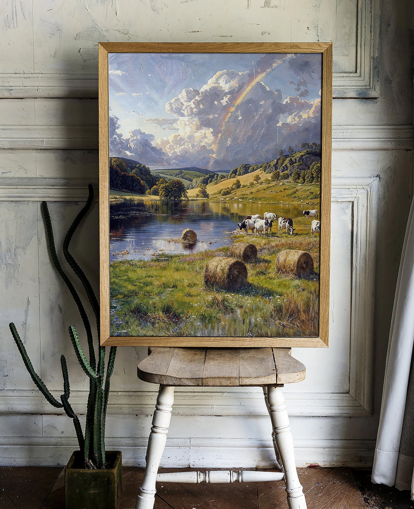 Pastoral Landscape With Cows and Hay Bales Countryside Printable Art ...