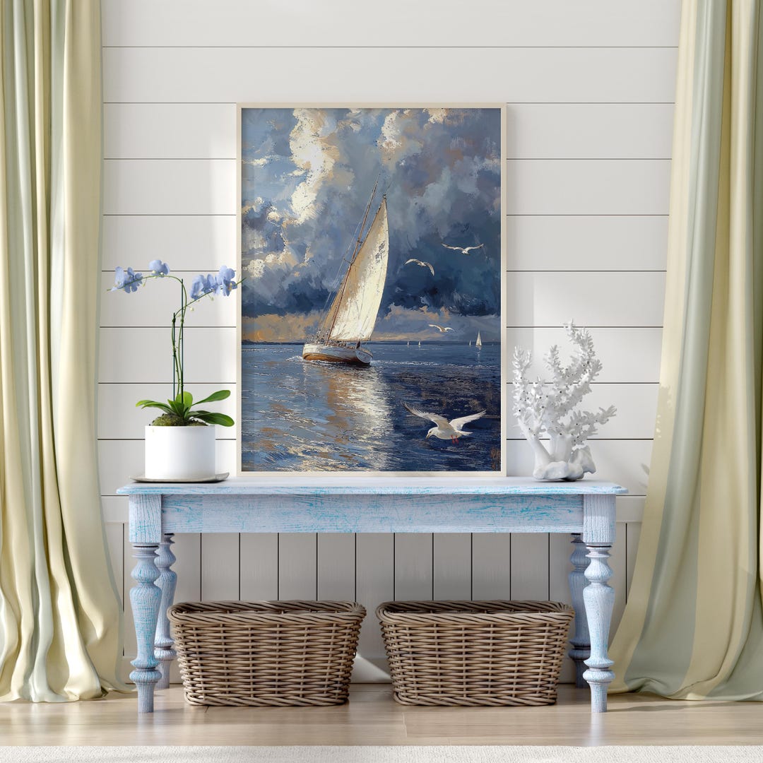 Sailboat Wall Art, Nautical Seascape Printable, Coastal Ocean Boat ...