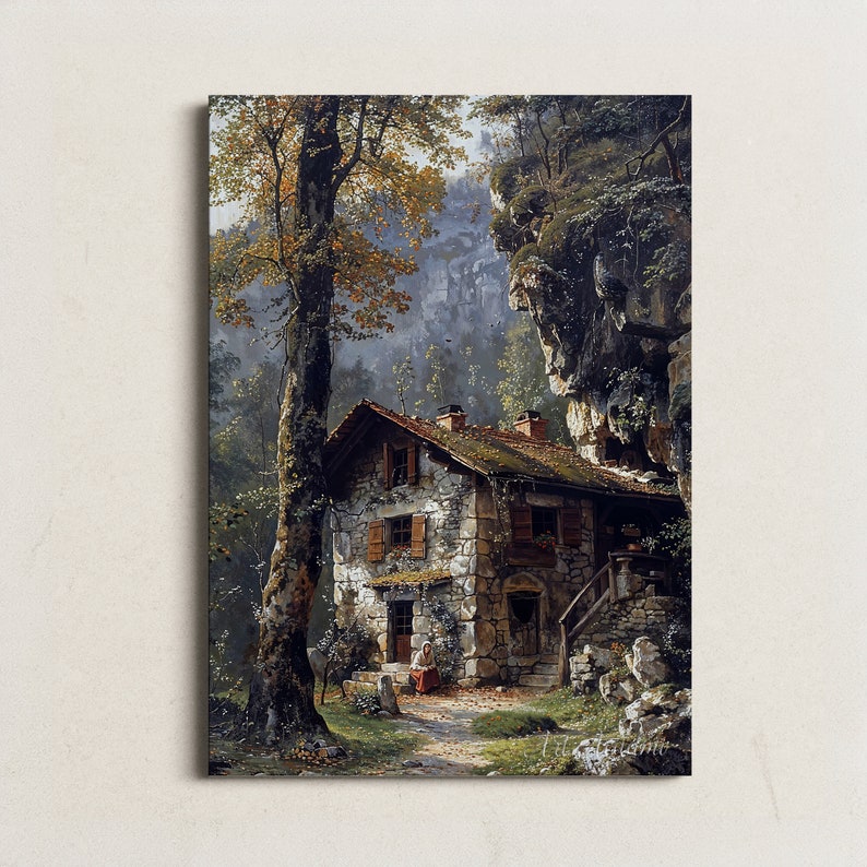 Rustic Stone Cottage Digital Art Print | Tranquil Countryside Scene ...
