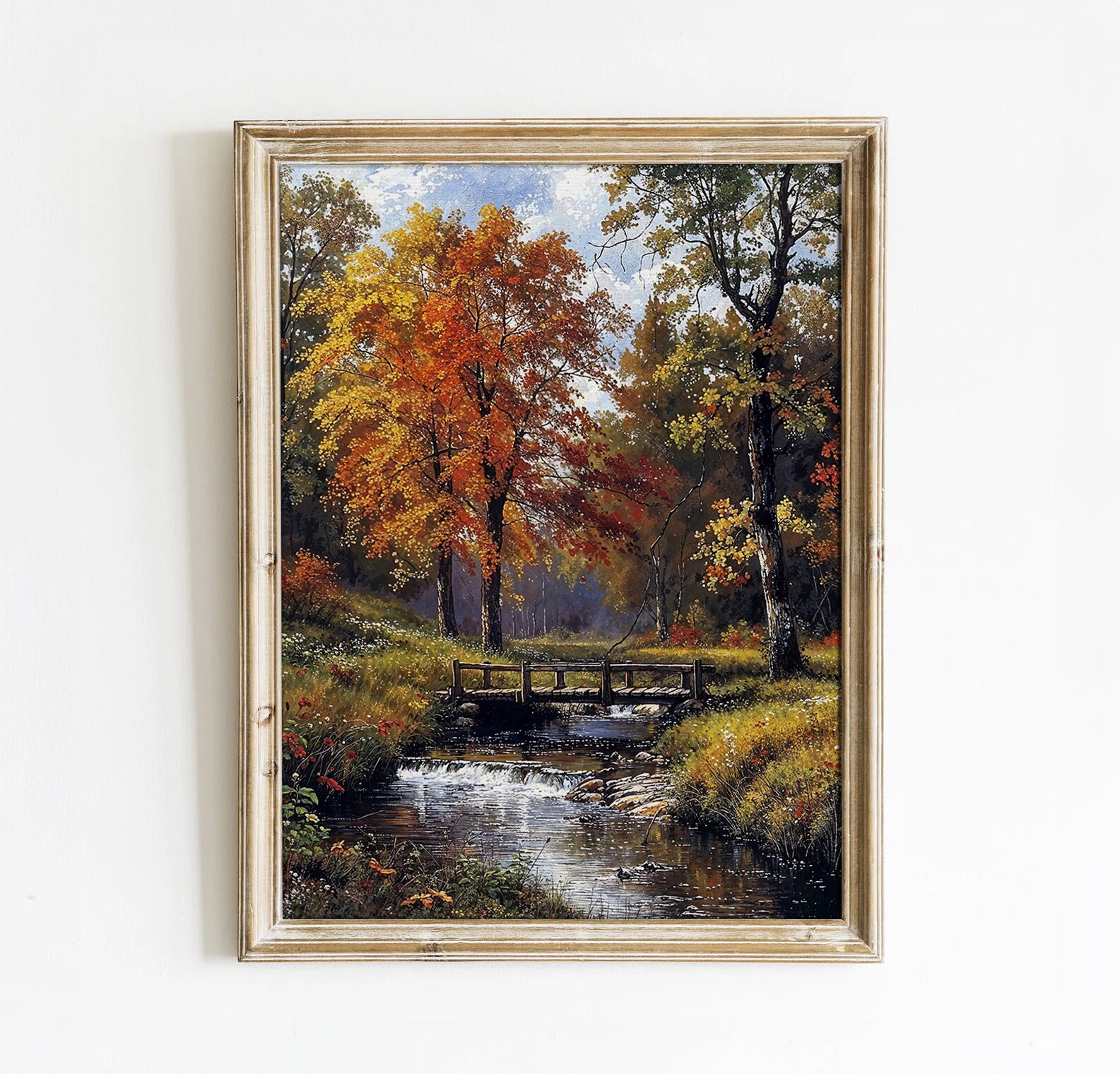 Autumn Bridge Over Serene Stream - Tranquil Nature Digital Art Print ...