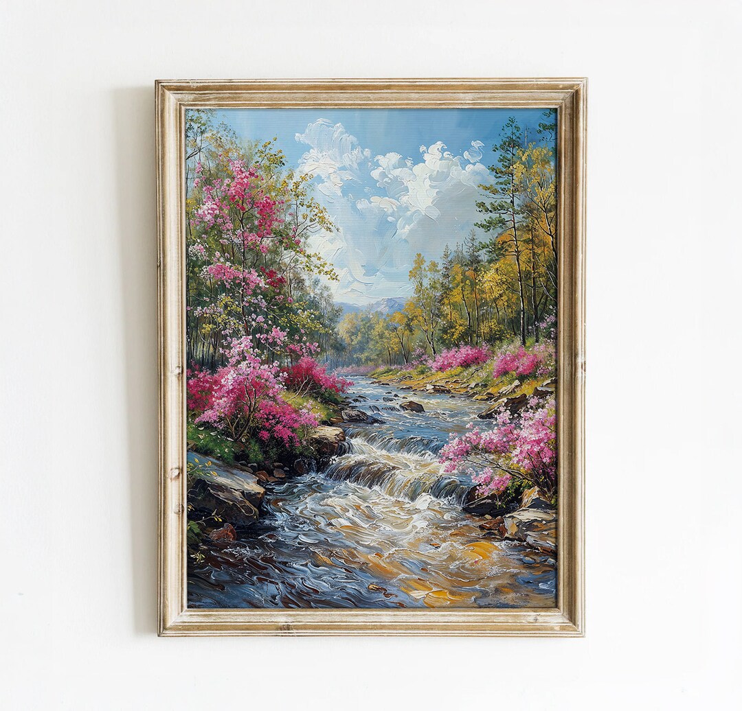 Lively Spring Stream With Blooming Flowers and Forest Scenery - Vibrant ...
