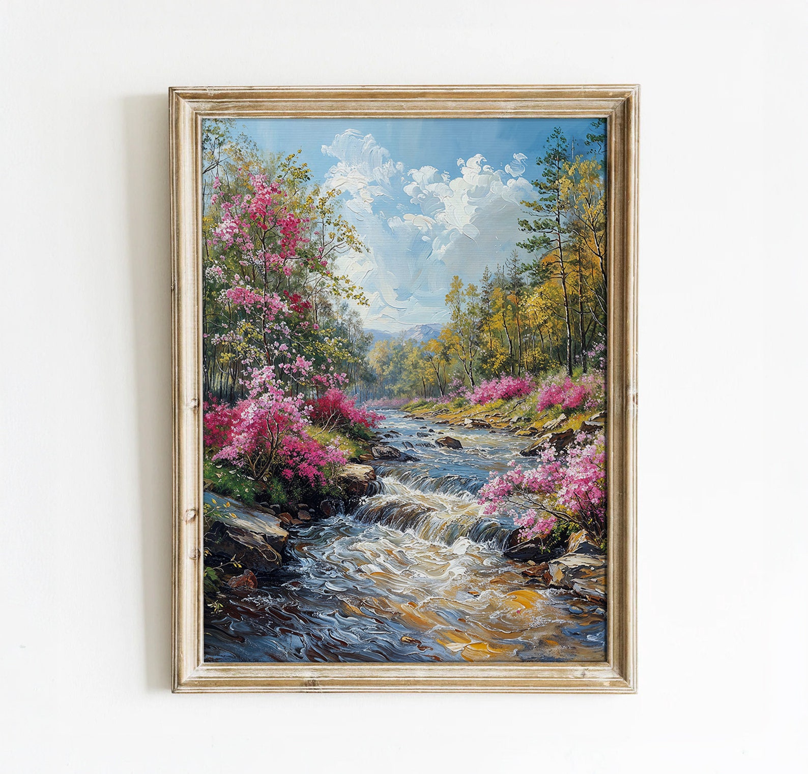 Lively Spring Stream With Blooming Flowers and Forest Scenery - Vibrant ...