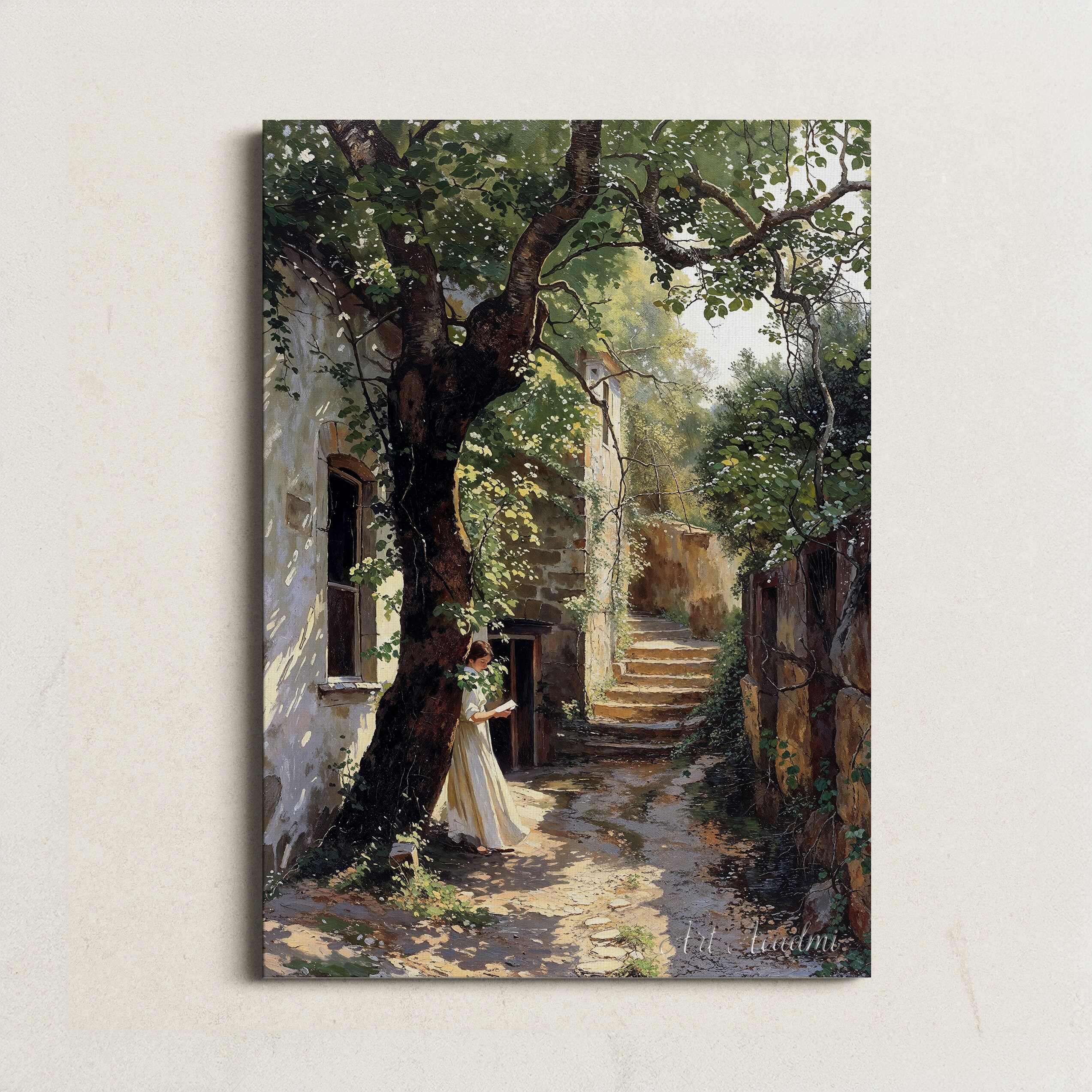 Woman Reading Under Tree Serene Countryside Printable Art for Home ...