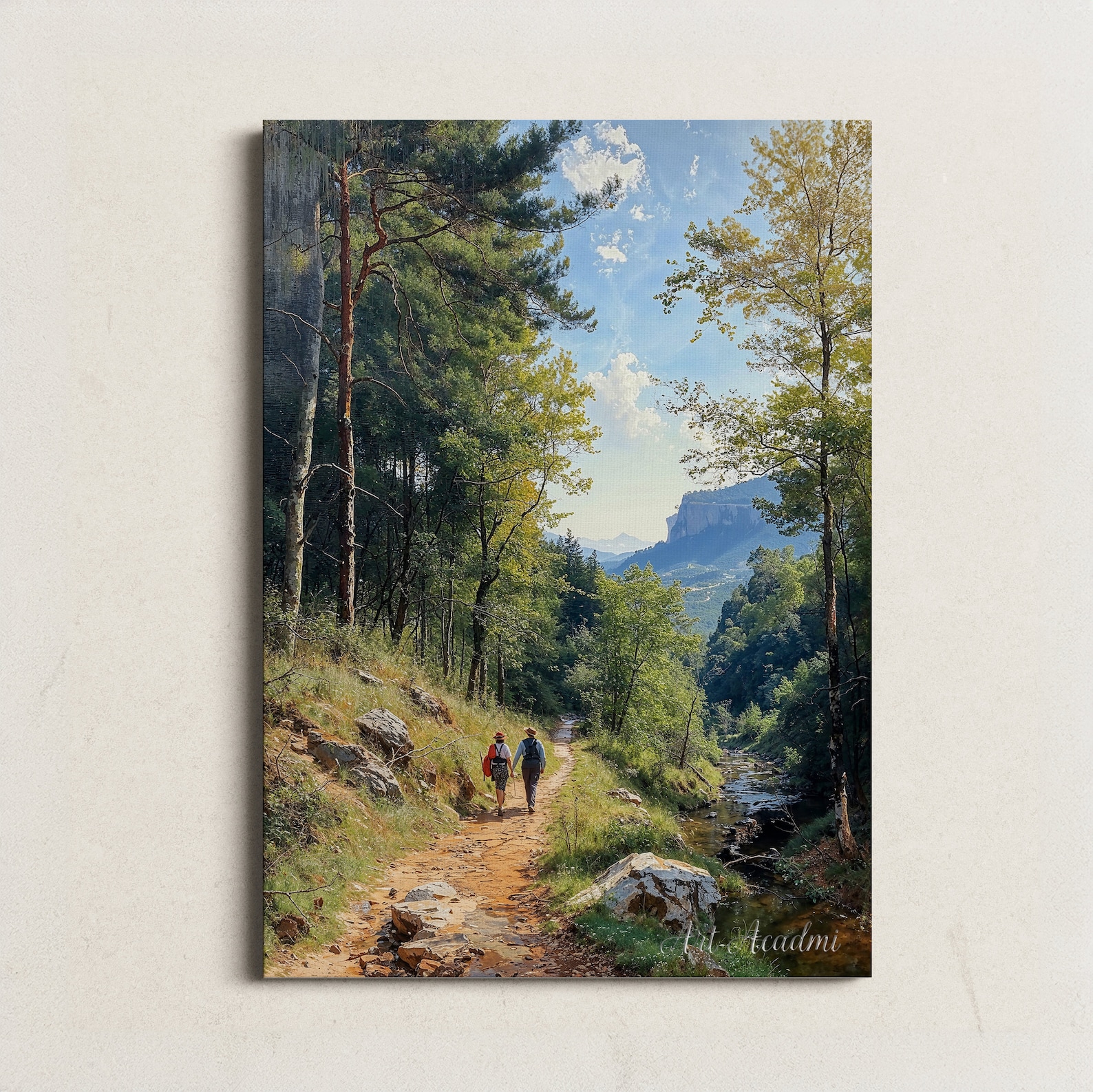 Hikers in Scenic Forest Trail Digital Art Print | Tranquil Nature Walk ...