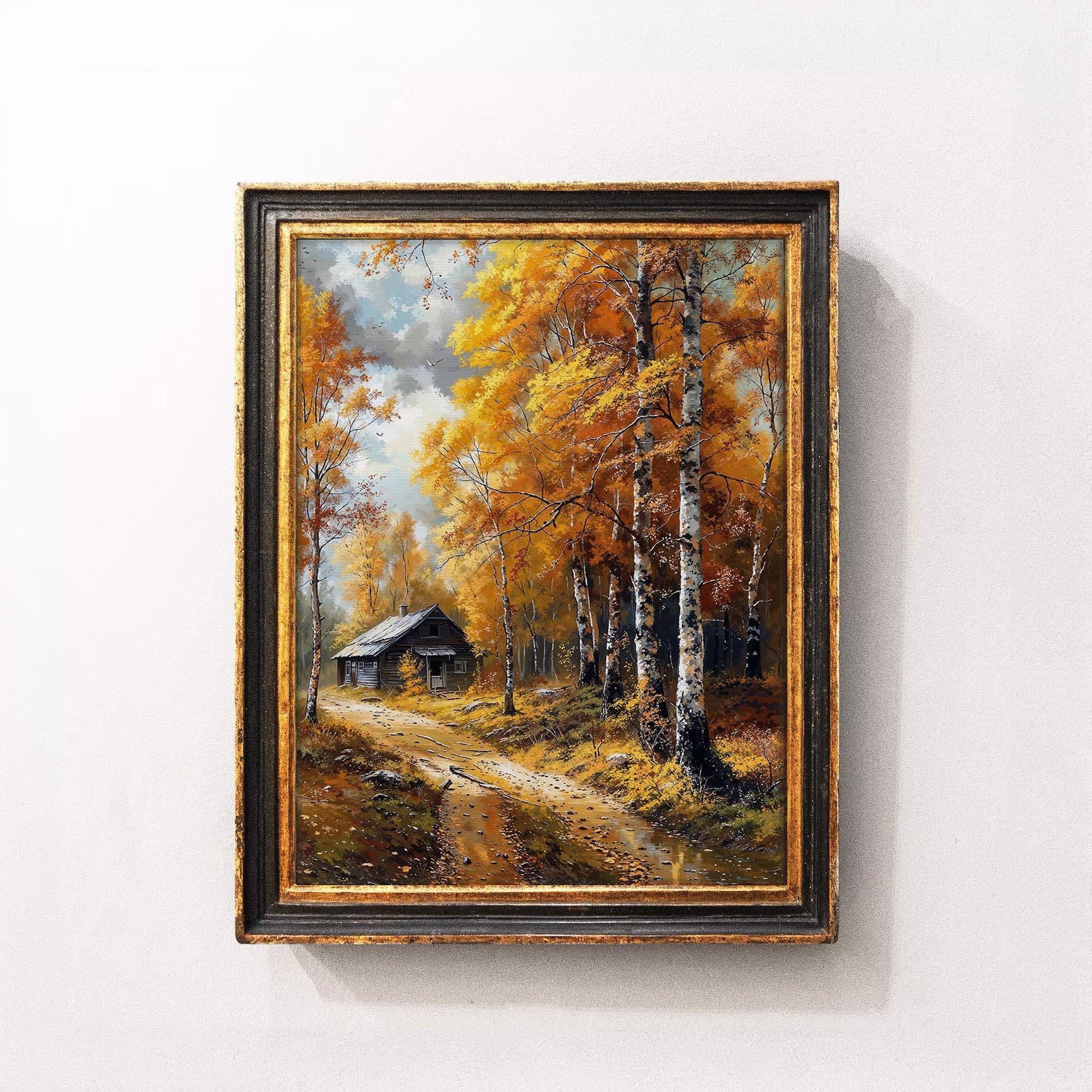 Autumn Cabin in Birch Forest - Warm Fall Landscape Printable Art | Art ...