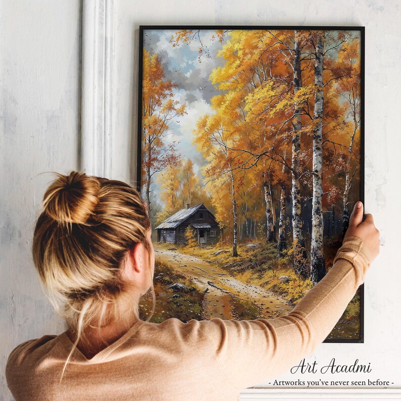 Autumn Cabin in Birch Forest - Warm Fall Landscape Printable Art | Art ...