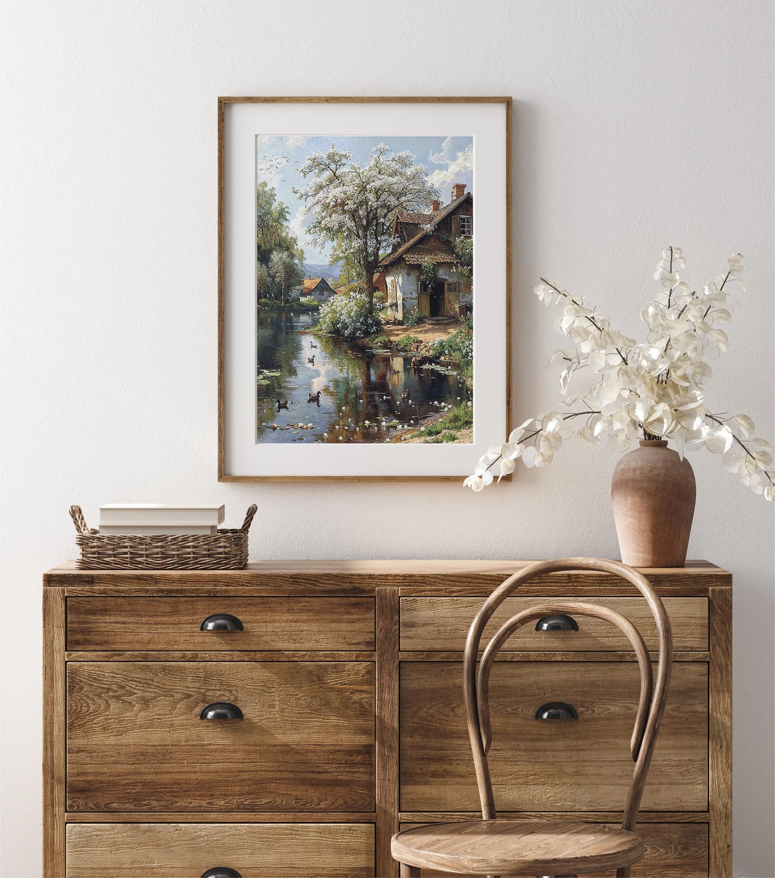 Tranquil Springtime Cottage by the Pond - Digital Art Print | Art ...