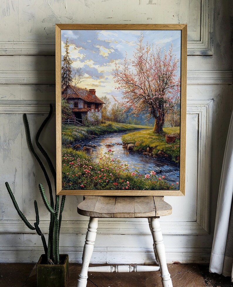 Blossoming Spring Cottage by the Stream - Tranquil Landscape Printable ...