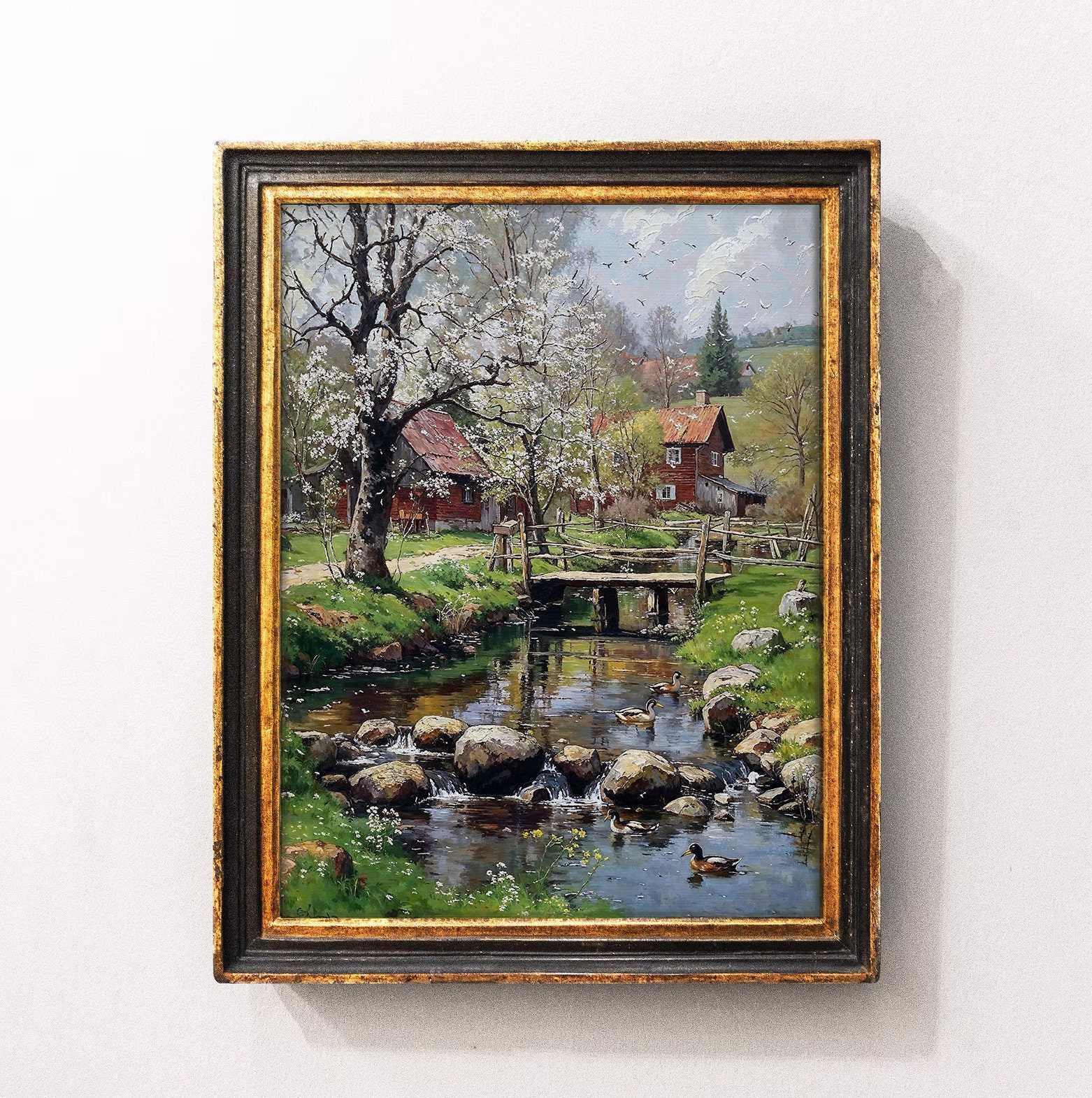 Rustic Springtime Farm With Blossoming Trees and Ducks Tranquil ...
