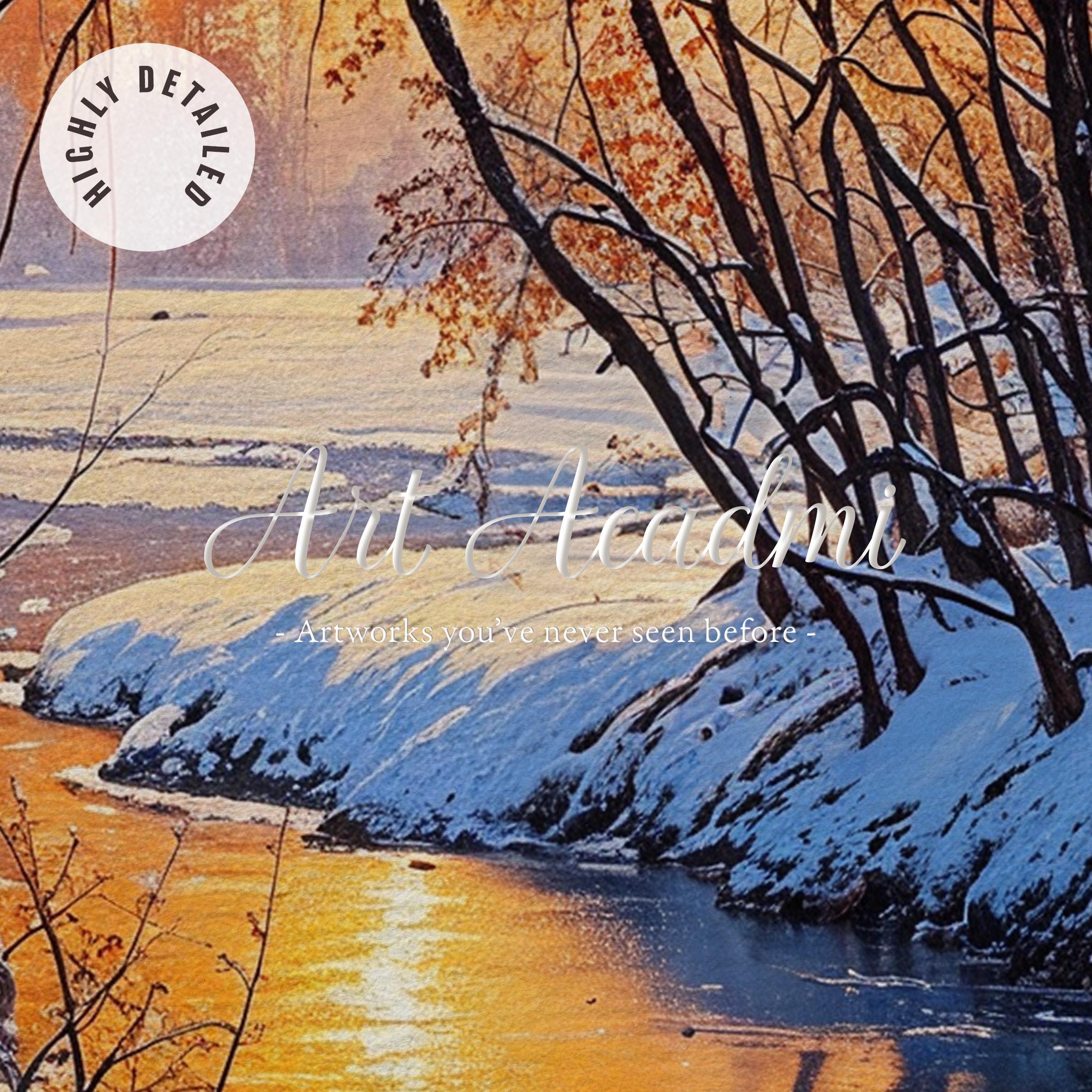 Golden Winter Sunset With Snowy Stream and Bare Trees - Serene ...