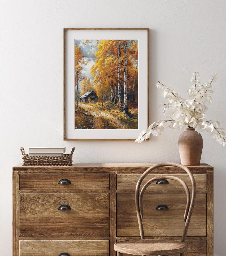 Autumn Cabin in Birch Forest - Warm Fall Landscape Printable Art | Art ...