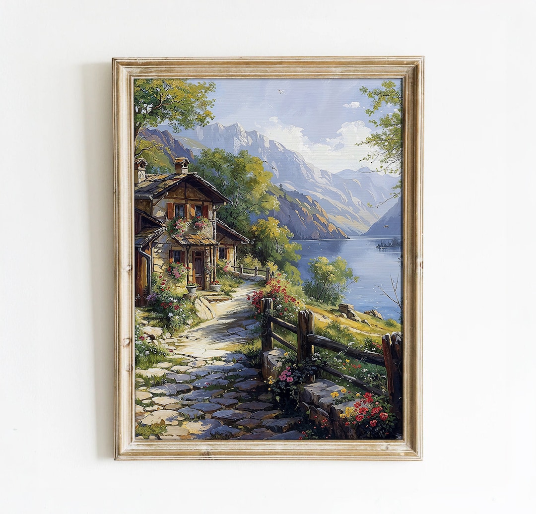 Serene Cottage Pathway by the Lake With Mountain View - Digital Art ...