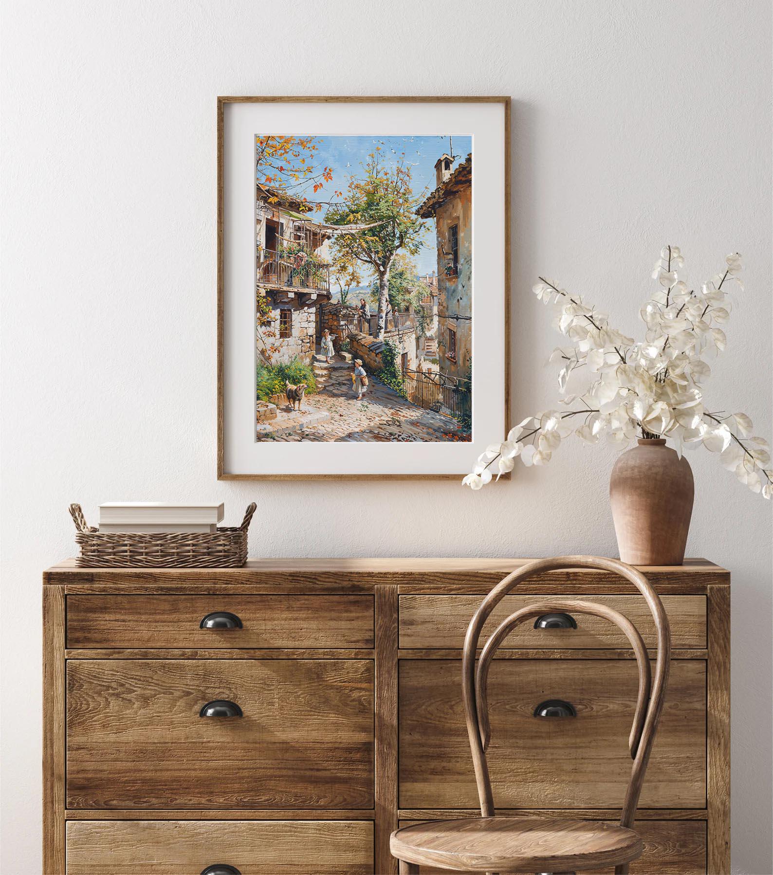 Charming Village Scene With Cobblestone Streets - Rustic Printable Art ...