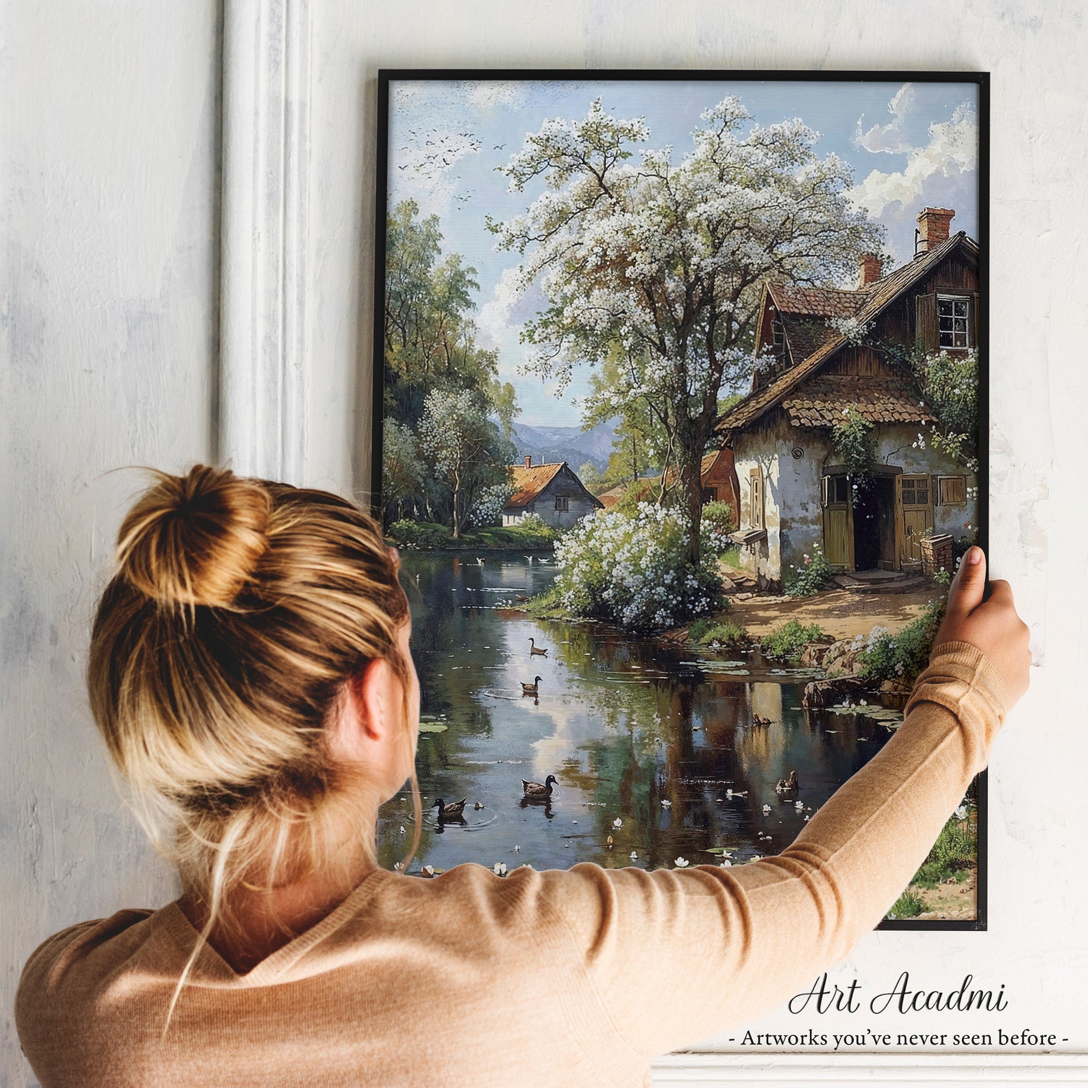 Tranquil Springtime Cottage by the Pond - Digital Art Print | Art ...