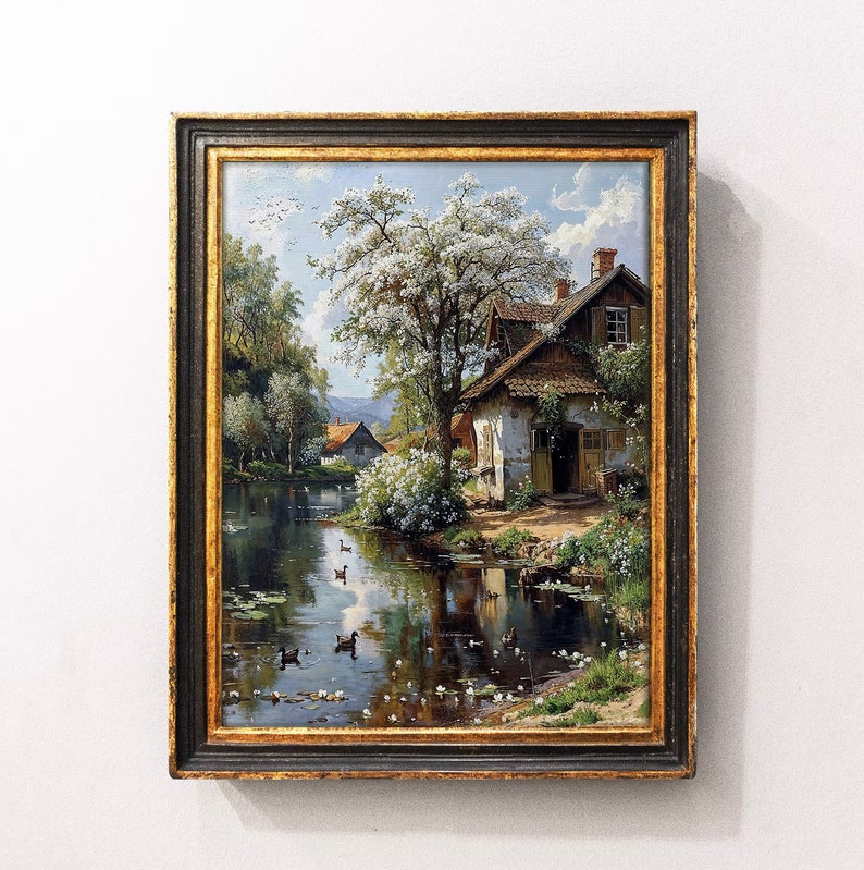 Tranquil Springtime Cottage by the Pond - Digital Art Print | Art ...