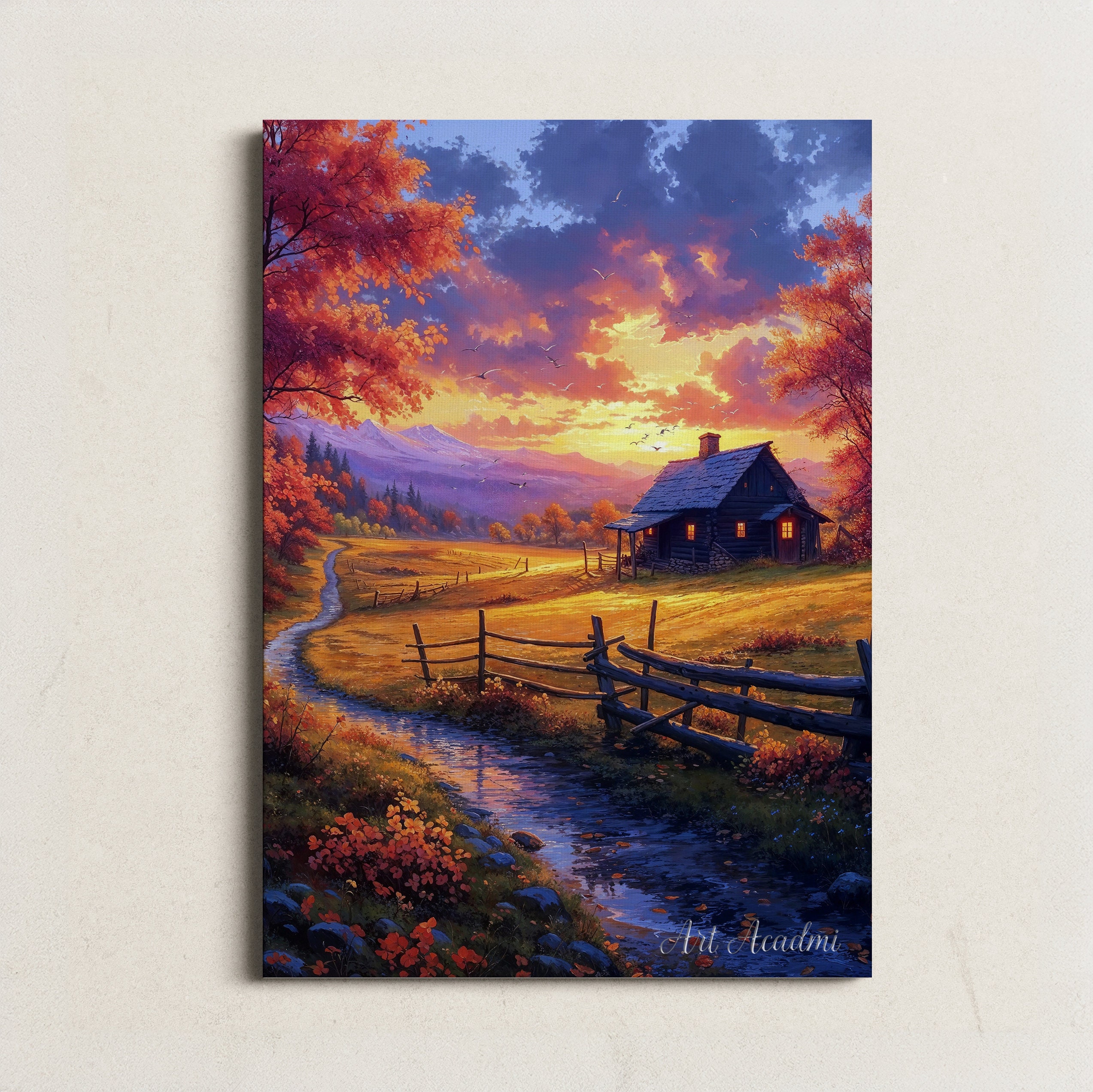 Autumn Sunset Cabin Digital Art Print | Tranquil Fall Landscape | Cozy ...