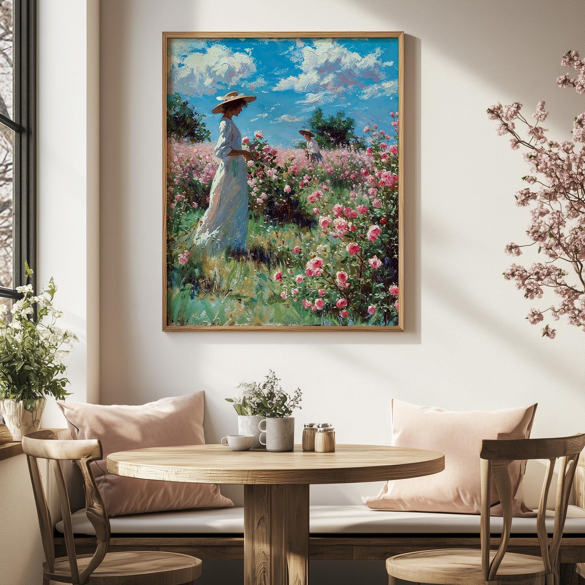 Cottage Core Floral Print, Women in Rose Field Art, Romantic Summer ...