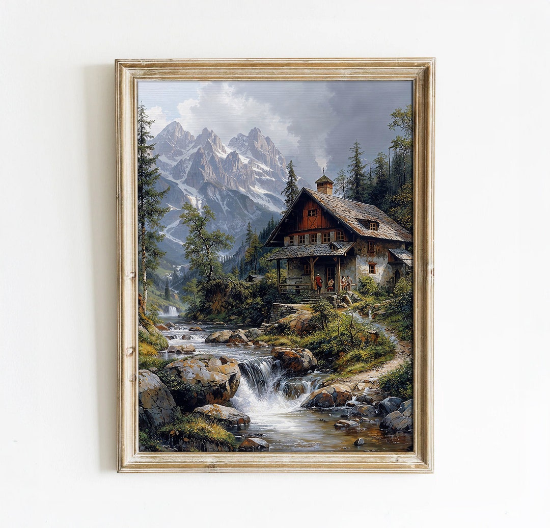 Mountain Cabin by the Stream Digital Art Print | Tranquil Alpine ...